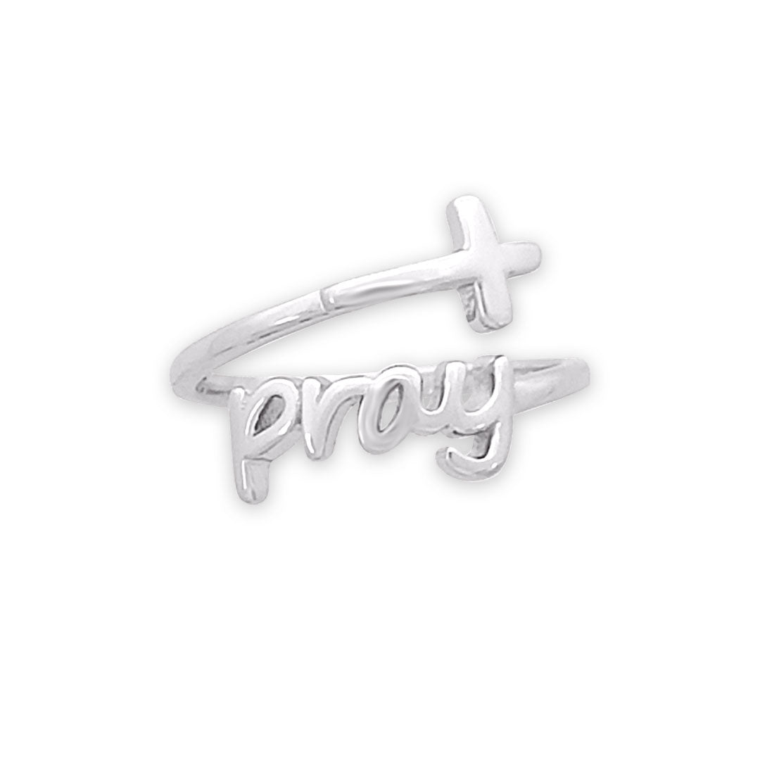 "PRAY" Script Sterling Silver Cross Adjustable Ring – Always Blessed