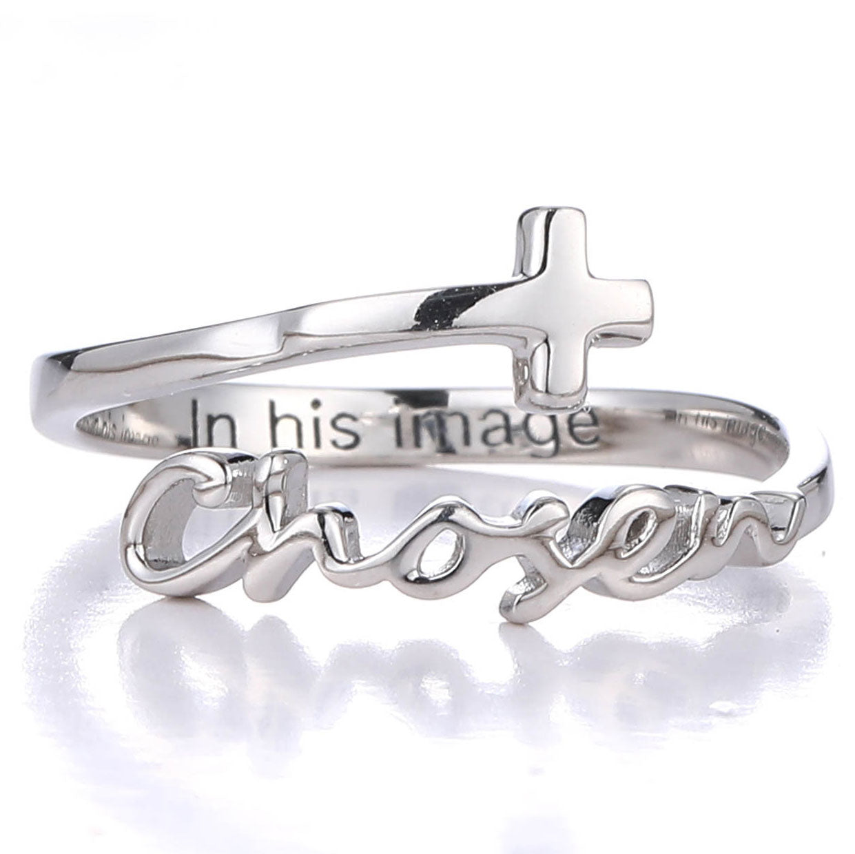"Chosen" Script Sterling Silver Cross Adjustable Ring – Always Blessed