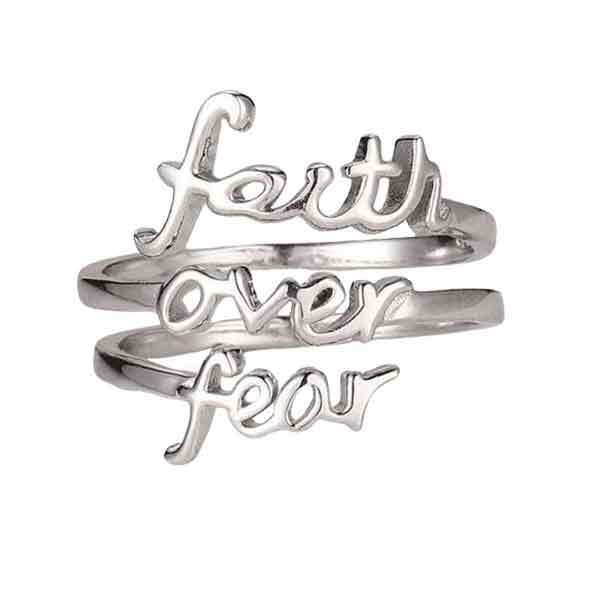 "Faith Over Fear" Triple-Wrap Script Sterling Silver Cross Adjustable ...
